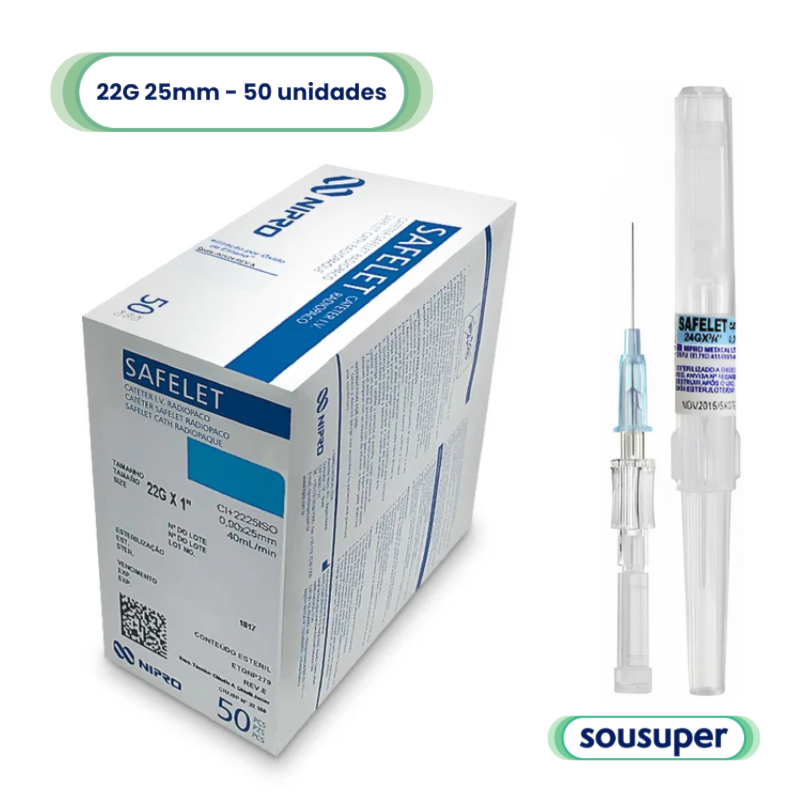Cateter Intravenoso Safelet Nipro 22G 25mm ETFE c/50 - SouSuper