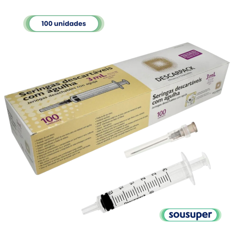 Seringa Hipodérmica 3ml Luer Slip com Agulha 25x7 c/100 Descarpack ...